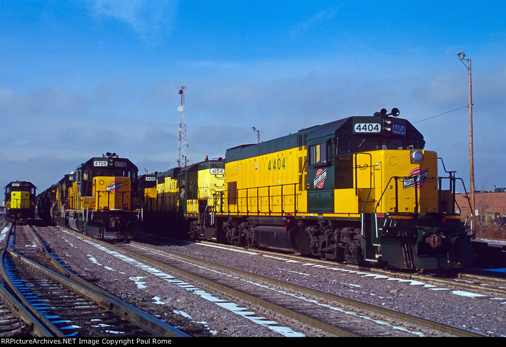 C&NW 4404, EMD GP15-1, Power line up at the C&NW's Marshalling Yard at Proviso